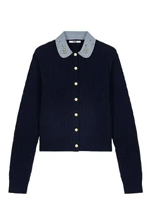 Maje Beaded-collar Button-down Wool And Cashmere Cardigan 8 Navy