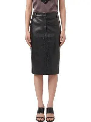Andamane Asymmetrical Hem Faux Leather Midi Pencil Skirt - Black
