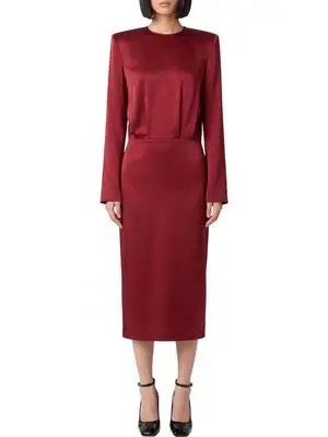 Federica Tosi Long-sleeved Satin Midi Sheath Dress - Red