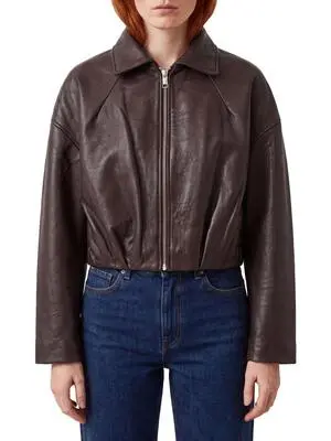 ROTATE BY BIRGER CHRISTENSEN Relaxed Fit Cropped Lambskin Leather Jacket With Zip Closure - Brown