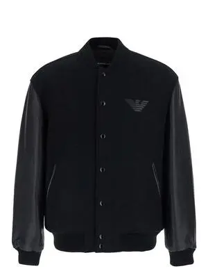 Emporio Armani College-style Wool And Leather Bomber Jacket With Eagle Logo - Black
