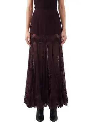 Zimmermann High-waisted Silk Crêpe Long Skirt With Lace Inserts Brown