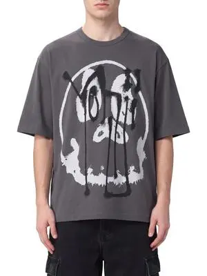 Y3 Cotton T-shirt With Graffiti Logo Print And Dropped Shoulders Grey