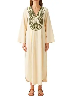 La DoubleJ Twin Flame Embroidered Cotton Midi Tunic With Kimono Sleeves - Ivory