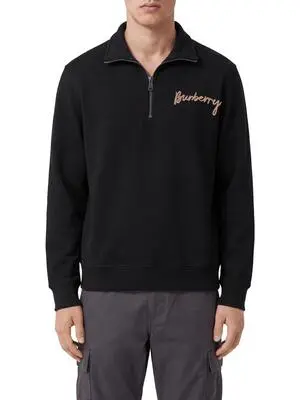 Burberry Zip-neck Cotton Turtleneck Jumper With Contrasting Logo - Black