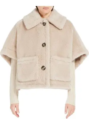 Max Mara Alpaca And Wool Teddy Jacket On Silk Base With Kimono Sleeves Beige