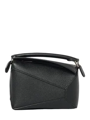 Loewe Puzzle Mini Handbag In Grained Calfskin With Shoulder Strap - Black