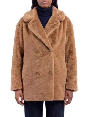 Herno Double-breasted Short Faux Fur Coat With Classic Collar Brown