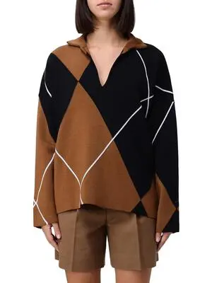 Max Mara Oversized Argyle Wool Polo Jumper With V-neck And Dropped Shoulders - Black