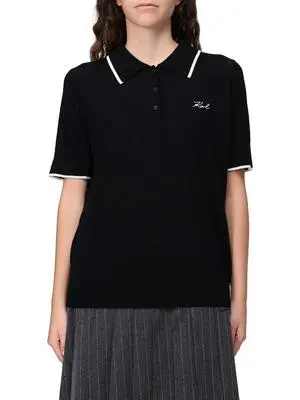 Karl Lagerfeld Knitted Polo Shirt In 100% Merino Wool With Contrast Trims Black