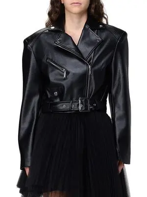 KARL LAGERFELD Cropped Faux Leather Biker Jacket With Oversized Shoulders