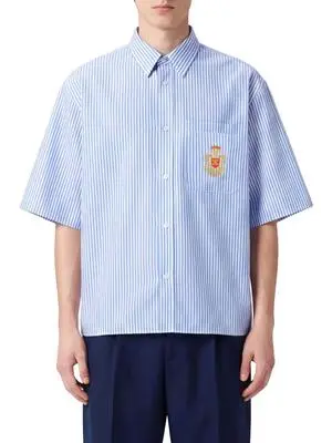 Celine Striped Cotton Short-sleeve Shirt With Embroidered Logo - Blue