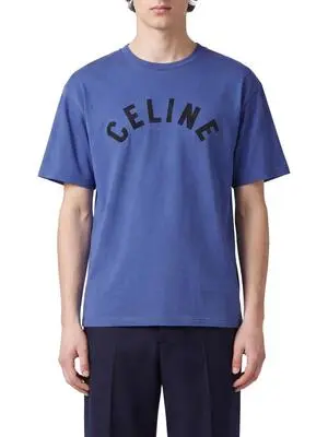 Celine Cotton T-shirt With Contrasting Logo Print On The Front - Blue
