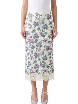 Rabanne Floral Jersey Midi Pencil Skirt With High Waist And Lace Inserts - Violet