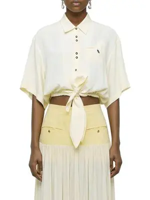 Rabanne Cropped Silk-blend Shirt With Embroidered Logo And Tie-hem White