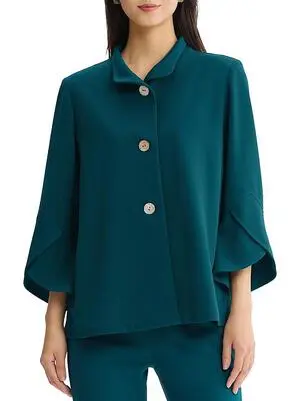 Ming Wang Button Front Bell Sleeve Deco Crepe Jacket - Deep Teal