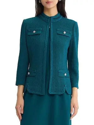 Ming Wang Plus Braided Trim Pointelle Knit Jacket - Deep Teal