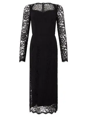 Dolce & Gabbana Long Lace Long Sleeve Dress With Fitted Silhouette & Square Neckline - Black