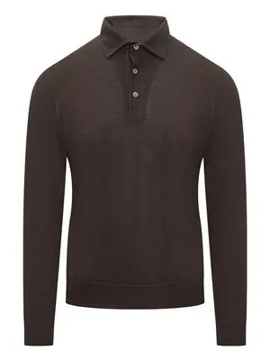 FILIPPO DE LAURENTIIS Wool-silk Polo Shirt With Elevated Collar - Marrone