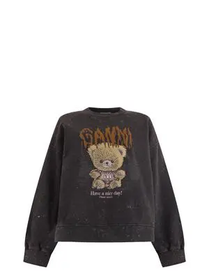 GANNI Printed Cotton Sweatshirt With Graphic Front - Grey