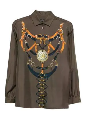 Etro Belt-print Silk Shirt Brown