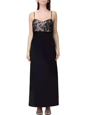 HANITA Lace-overlay Spaghetti-strap Maxi Dress - Black