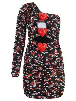 Moschino One-shoulder Floral-print Mini Dress - Black