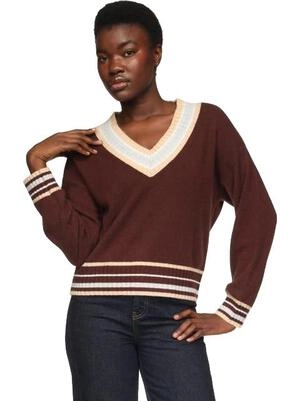 BRODIE CASHMERE Stitchy Trim V-neck Sweater - Cocoa