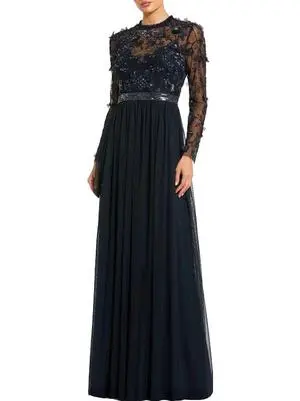 Mac Duggal Petite Embellished Illusion High Neck Long Sleeve Gown - Midnight