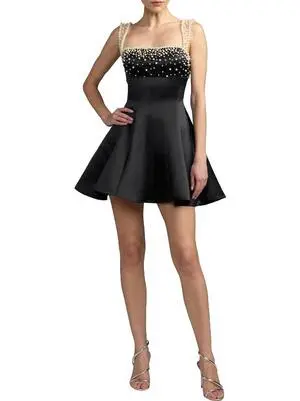Mac Duggal Embellished Satin A Line Sleeveless Mini Dress - Black