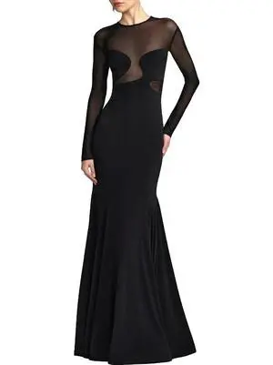 Mac Duggal Long Sleeve Sheer Detail Mermaid Jersey Gown - Black