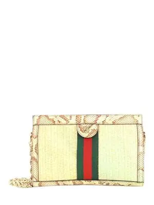 Gucci Ophidia Chain Shoulder Bag Raffia With Snakeskin Small Crossbody Bag - Neutrals