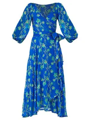 SACHA DRAKE Water Lily Wrap Dress In Cobalt Jade Floral - Blue