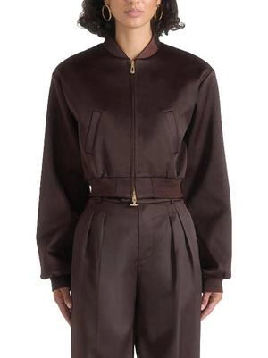 Manière De Voir Monique Satin Wide Shoulder Bomber Jacket - Brown