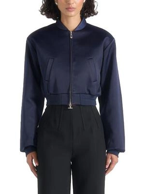 Manière De Voir Monique Satin Wide Shoulder Bomber Jacket - Navy