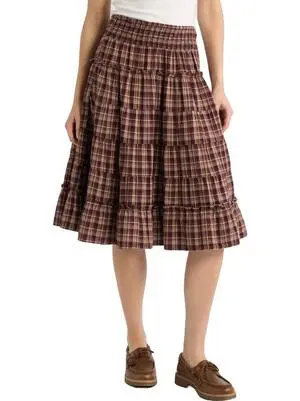 BDG URBAN OUTFITTERS Ella Tiered Midi Skirt - Brown Check