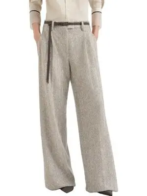 Brunello Cucinelli Dazzling Chevron Embroidery Loose Pleated Trousers In Sparkling Mohair And Wool - Rope
