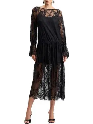 Avec Les Filles Lace Long Sleeve Drop Waist Midi Dress - Black