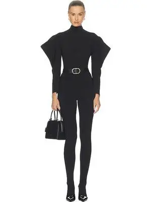 NORMA KAMALI Norma Kamali Wing Sleeve Open Back Bow Neck Catsuit In Black.