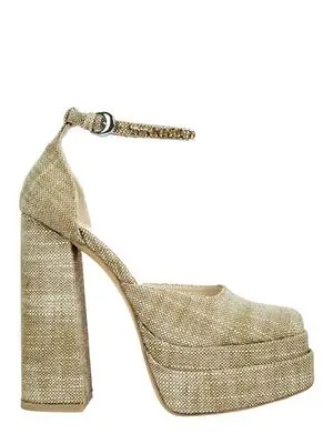 RAG & CO Neutrals Cosette Diamante Embellished Ankle Strap High Block Heel Sandals In By - Beige