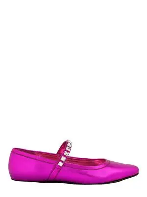RAG & CO Alverno Metallic Diamante Mary Jane Leather Flats In Fuchsia By - Pink
