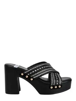 RAG & CO Finley Raffia High Block Heel Clogs In By - Black