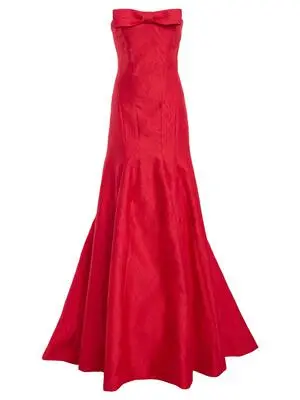 Monique Lhuillier Strapless Bow Jacquard Gown - Red