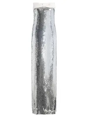 Monique Lhuillier Sequined Strapless Color-block Bow Bodice Gown - Silver