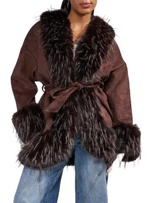 AZALEA WANG Maelle Faux Fur Trim Faux Leather Jacket Espresso