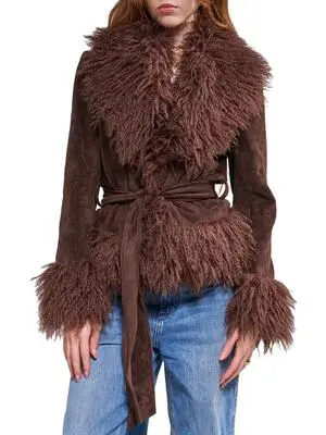 AZALEA WANG Tori Faux Fur Trim Trench Coat - Chocolate