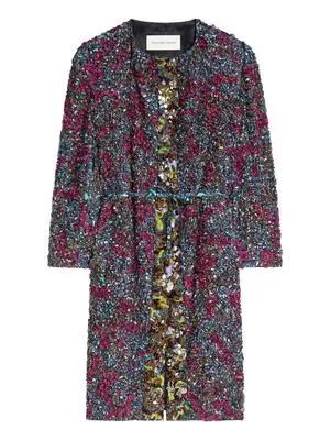 DRIES VAN NOTEN Embroidered Coat With "marbled Clay" Prints In Petrol
