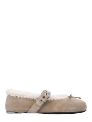 Miu Miu Mini Ballerina Flats In Suede And Shearling With Buckled Strap - Desert