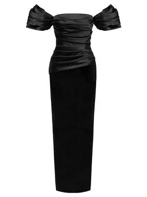POST MERIDIEM Maxi Dress With Draped Bodice & Sleeves - Black