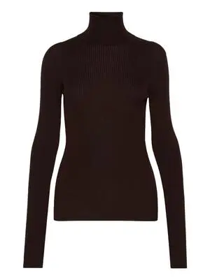 Max Mara Slim Pure Wool Mock Polo-neck Sweater Chocolate